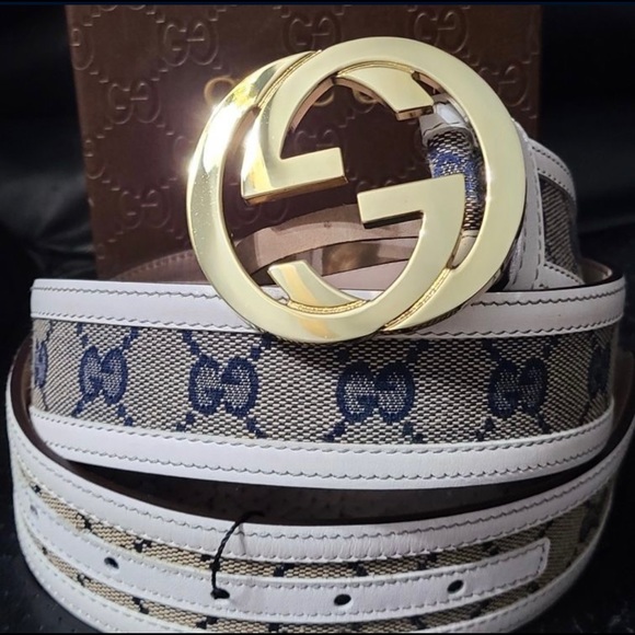 Gucci | Accessories | Authentic Gucci Belt White Trim Tan Monogram Gold ...